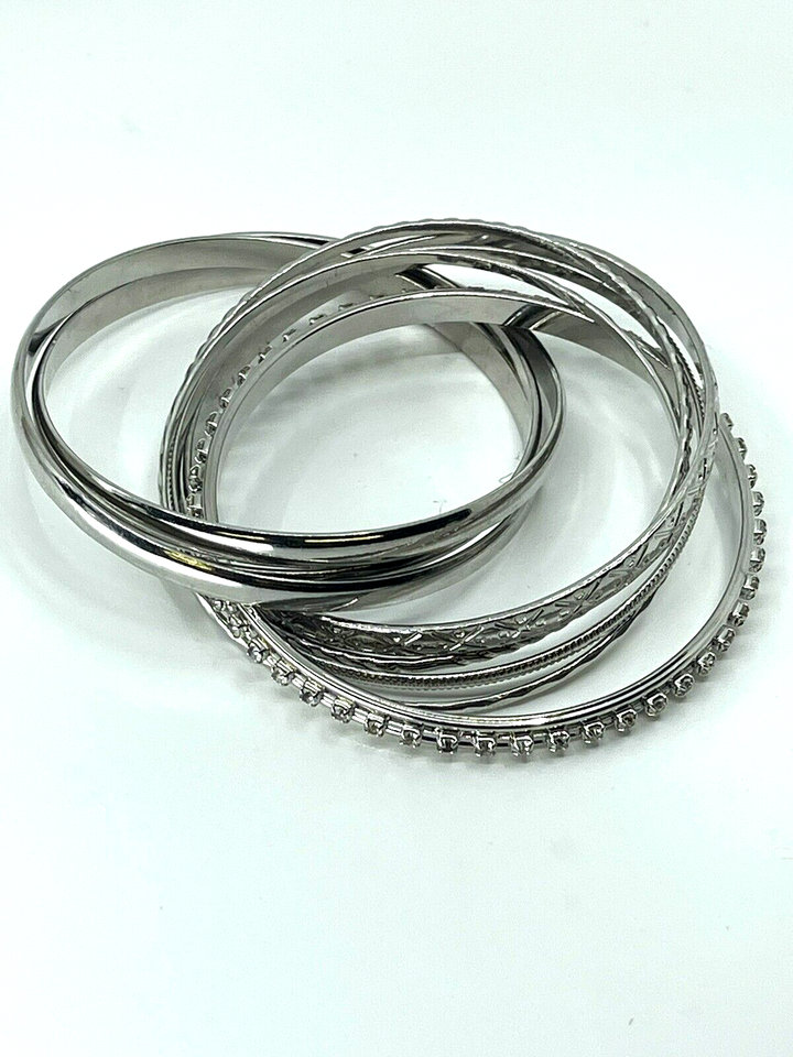 Bangle Bracelets Silver Tone Stack of 8 Connected Nice Bangle Bracelets ...