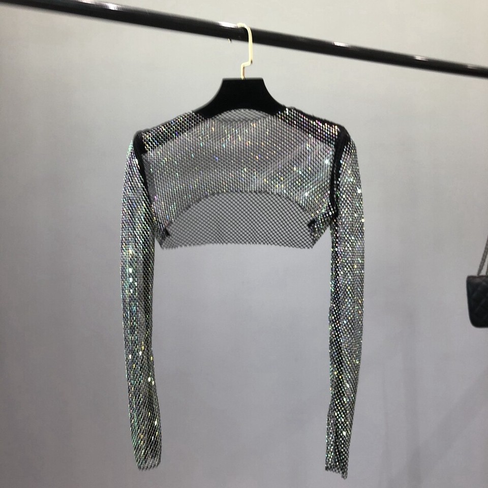Women Long Sleeve Sheer Mesh Crop Top Glitter Rhinestone Fishnet Cover ...