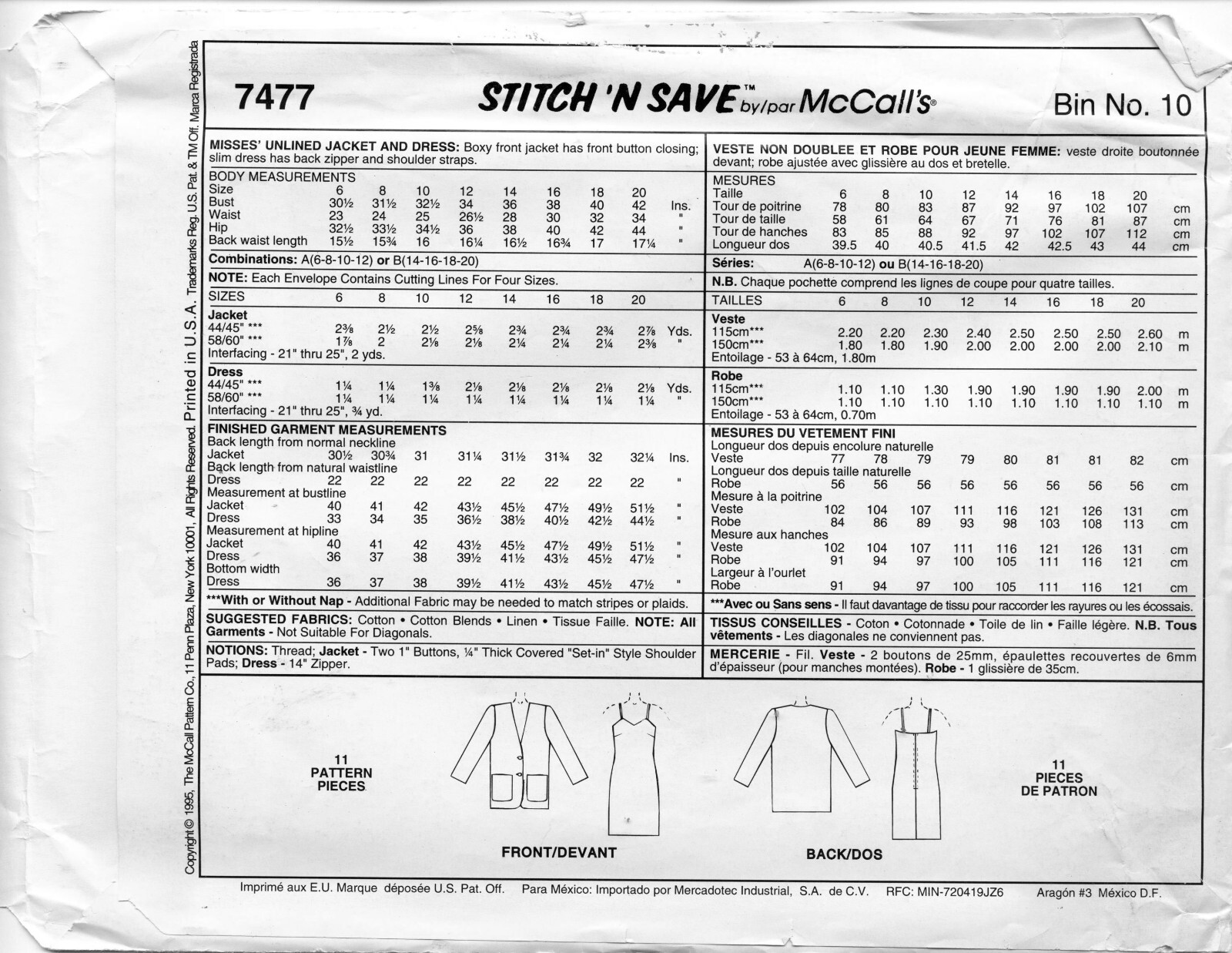 McCall's Sewing Pattern 7477 Misses' Unlined Jacket and Dress Size 14 ...