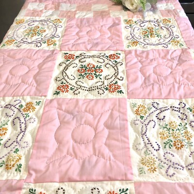 A Vintage Twin Patch Quilt Gorgeous Display Hand Embroidered Squares | eBay