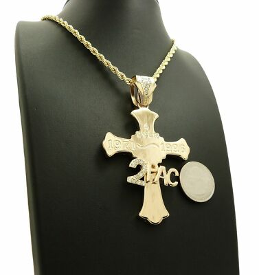 HIP HOP ICED GOLD PT 2PAC CROSS CHARM PENDANT & 5mm 24" ROPE CHAIN ...
