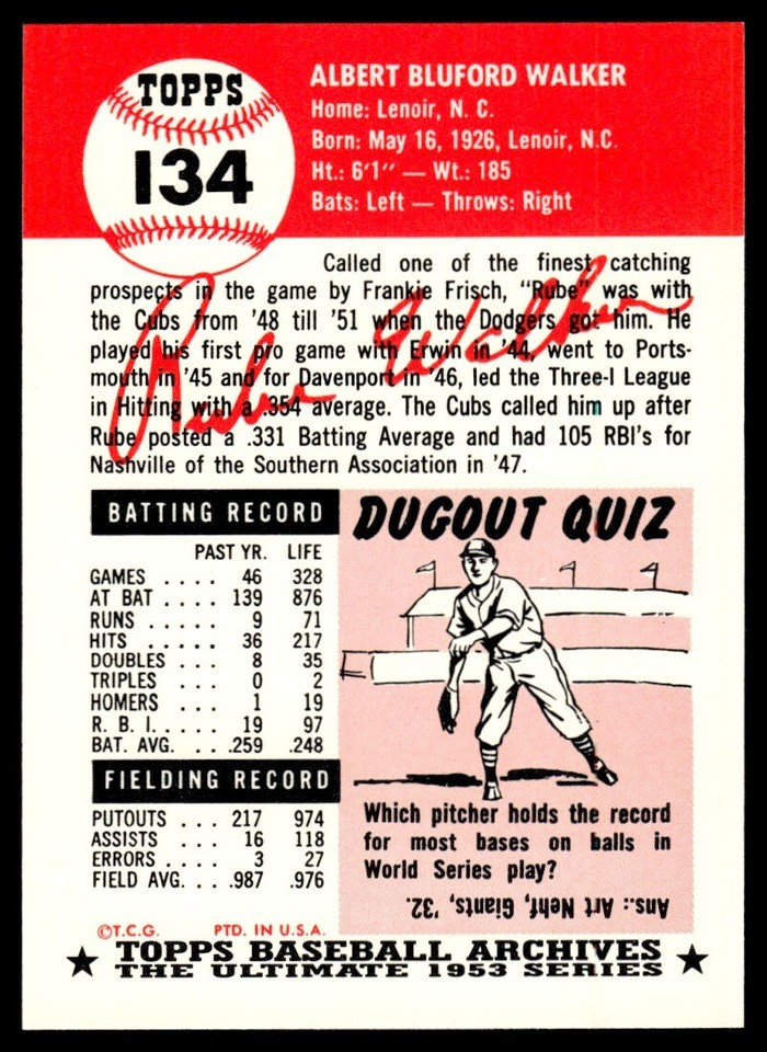 1991 Topps Archives 1953 Rube Walker Brooklyn Dodgers #134 | eBay