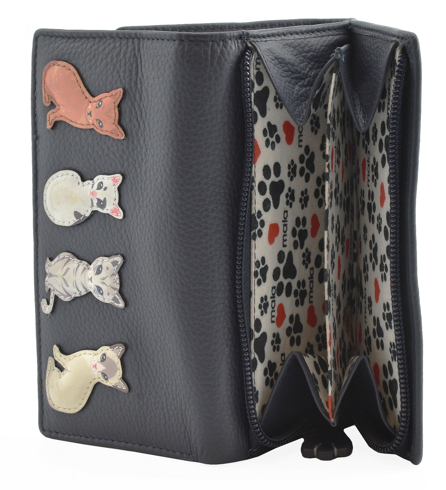 MALA Leather Best Friends Cats Ladies Tri Fold Purse Black Navy Wallet ...
