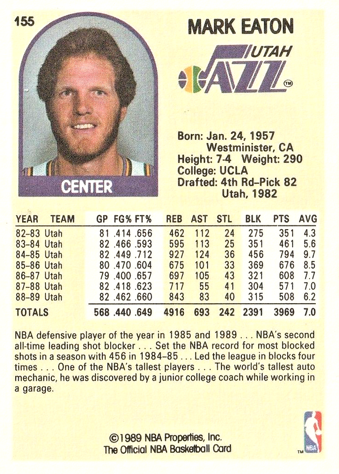 Mark Eaton 1989 NBA Hoops #155 Utah Jazz- Free Shipping | eBay