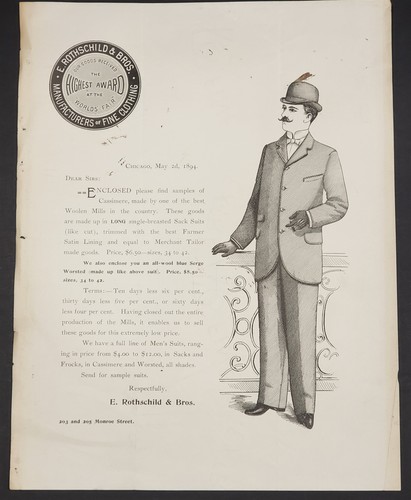 1894 antique ROTHSCHILD & BROS chicago il MEN'S FASHION ad BROADSIDE ...