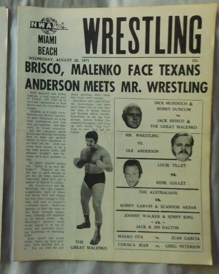 Aug 25 1971 NWA Wrestling Program Miami Beach Florida Dick Murdoch ...