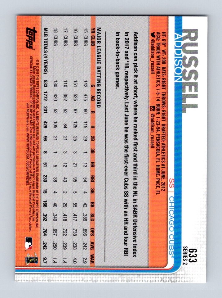 2019 Topps ASG Foil Stamp #633 Addison Russell Chicago Cubs | eBay