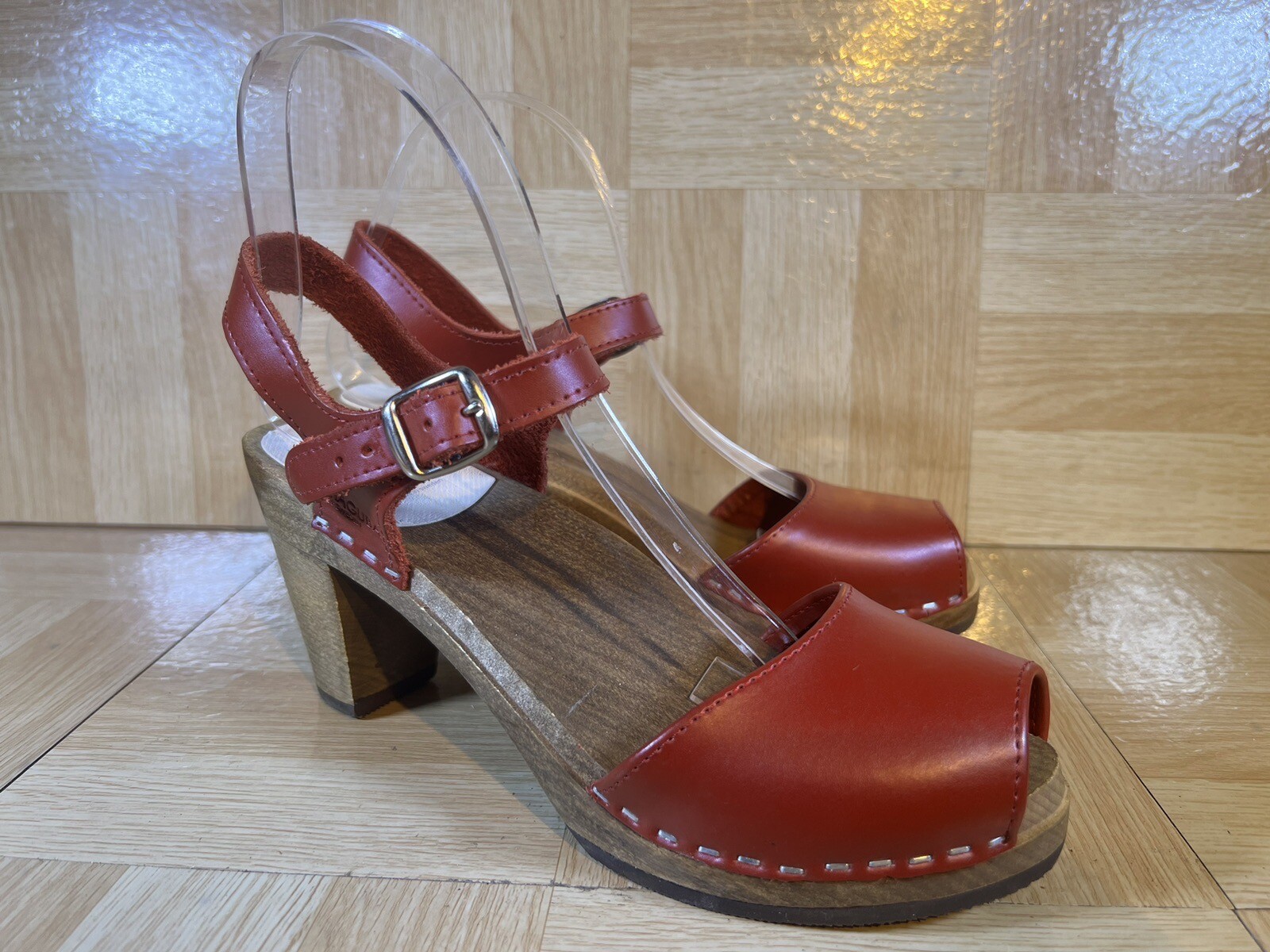 Maguba Of Sweden Open Toe Clogs Red Leather Ankle Strap Women’s Size 38 ...