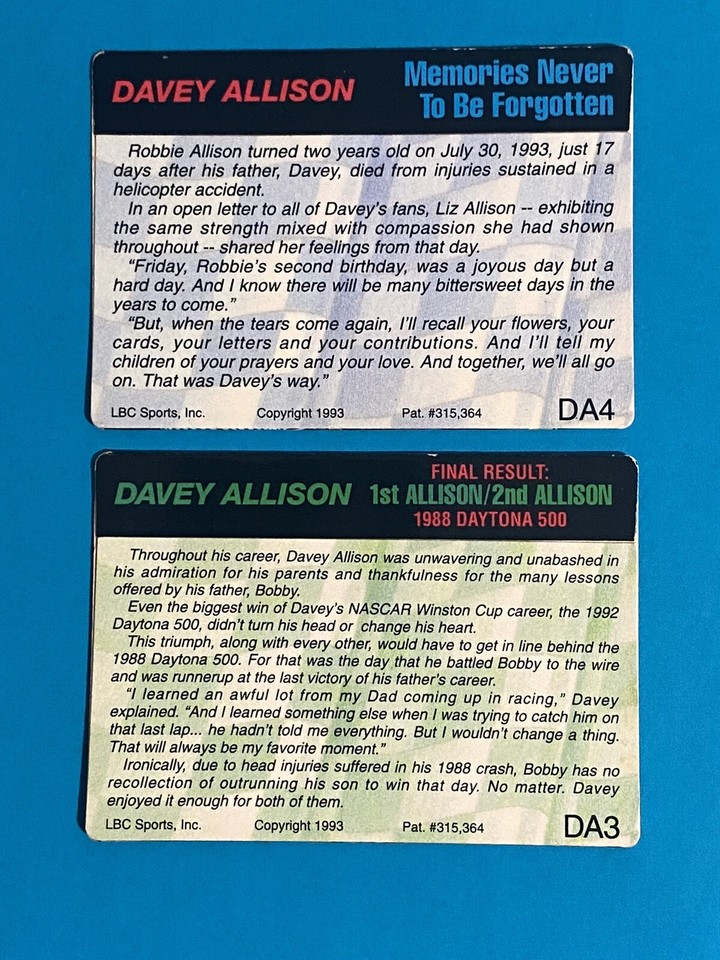 Davey Allison 1993 Action Packed Racing Card Lot NASCAR 1988 Daytona | eBay