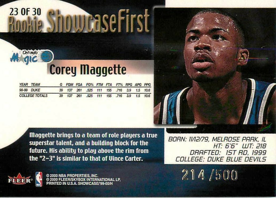 COREY MAGGETTE 1999-00 Flair Showcase ROOKIE SHOWCASE FIRST /500 Magic ...