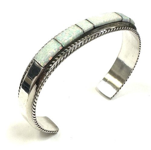 Native American Sterling Silver Navajo Handmade Inlay White Opal Cuff ...