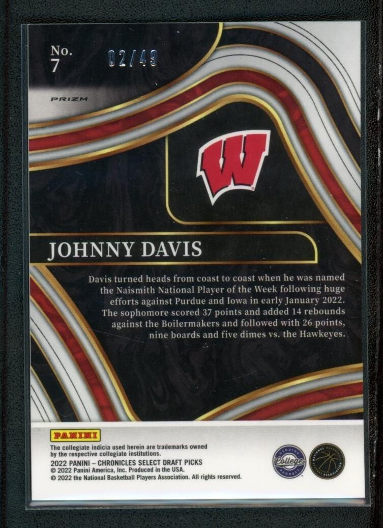 2022 JOHNNY DAVIS 02/49 PANINI CHRONICLES SELECT DRAFT PICKS PURPLE ...