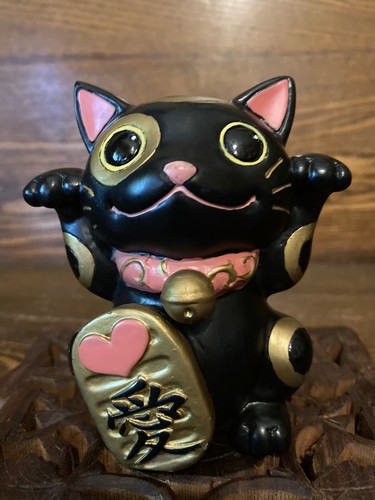 Black Maneki Neko Beckoning Cat Lucky Money Japanese Figurine | eBay