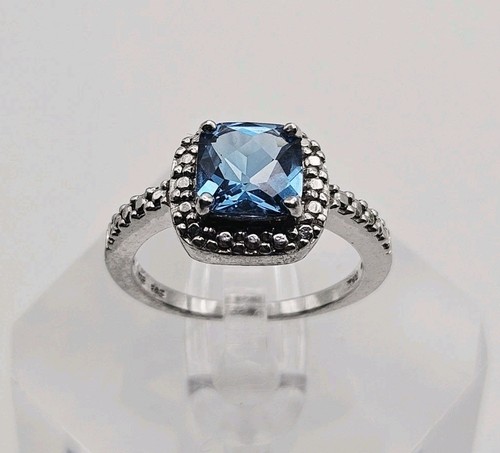 FAS Sterling Silver 1.5 Carat Cushion Cut Blue Topaz & Diamond Ring ...