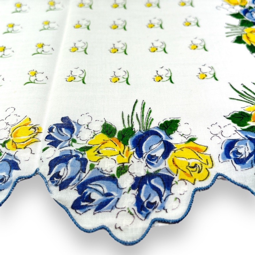 Vintage Handkerchief, Hanky, Blue and Yellow roses, Springtime, Easter ...