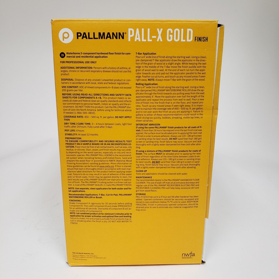 Pallmann Pall-X Gold Hardwood Floor Finish A+B Warterborne 1 Gallon 450 ...
