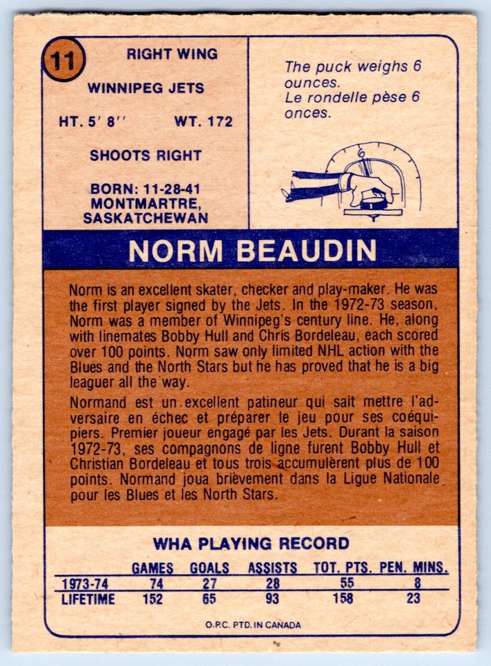 NORM BEAUDIN 1974-75 O-PEE-CHEE WHA 74-75 NO 11 EXMINT 46556 | eBay