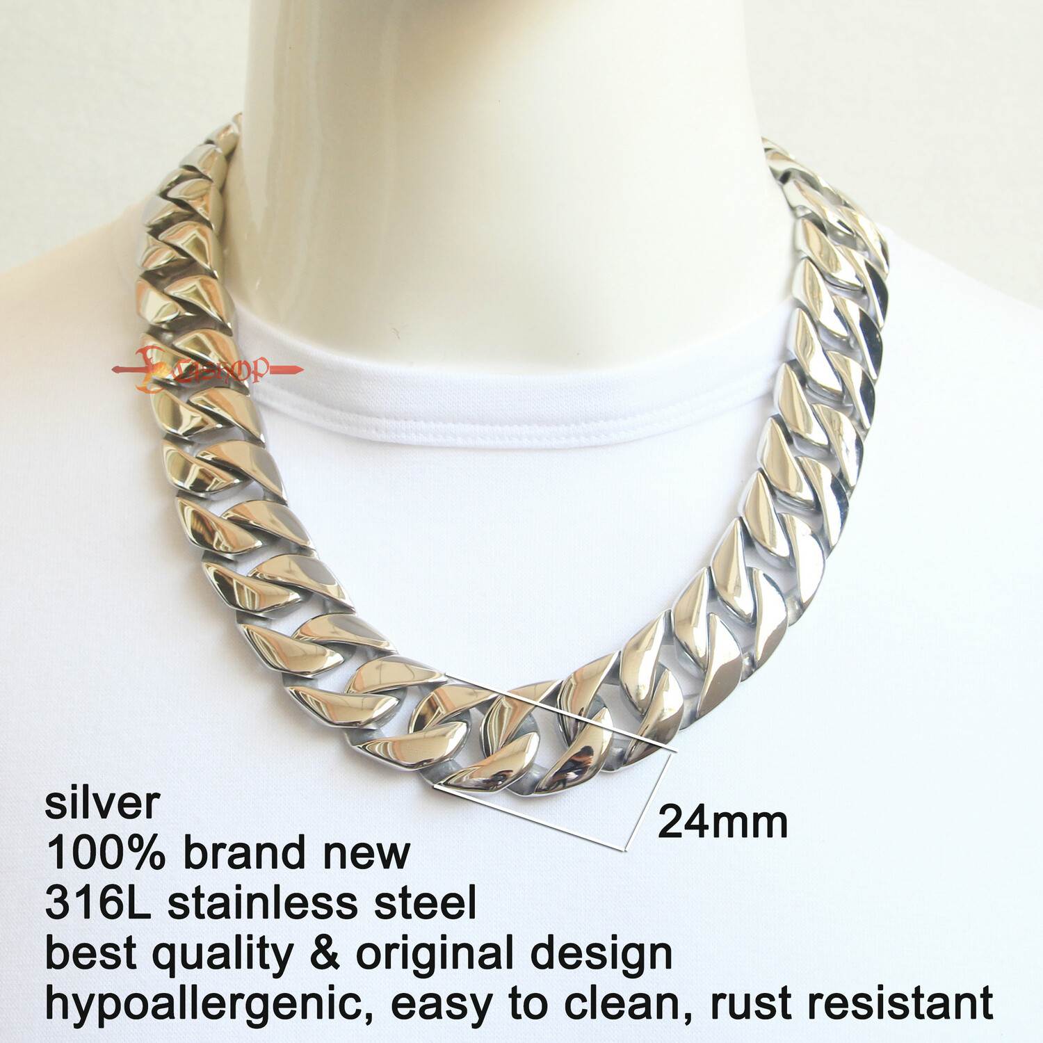 Men's Heavy Wide Silver Stainless Steel Cuban Chain Link Necklace 24mm ...