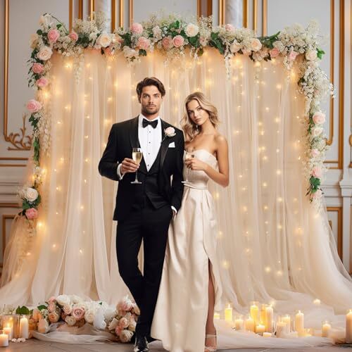 10×10ft Champagne Tulle Backdrop Curtain with Lights String for Parites ...