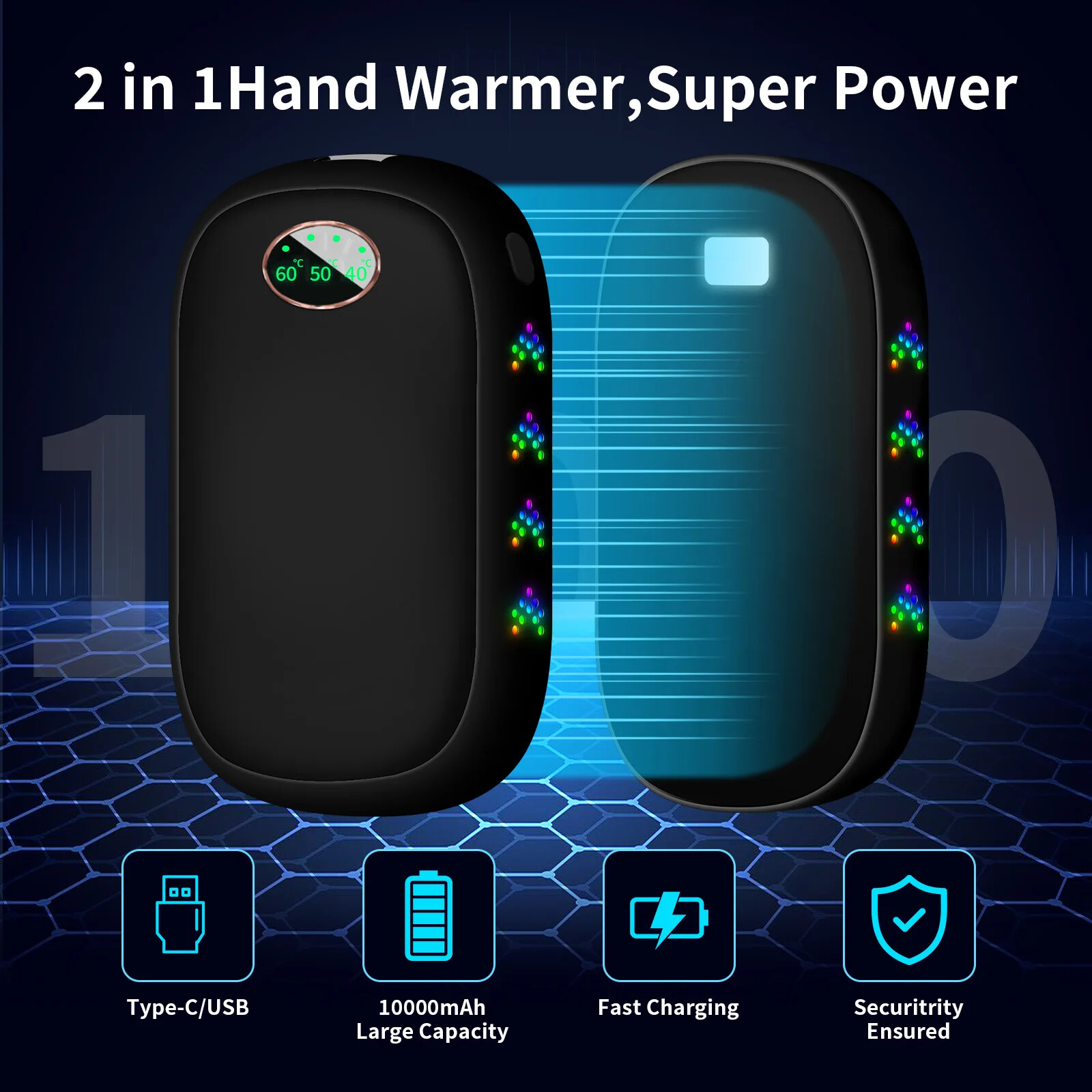 2PCS Rechargeable 10000mAh Hand Warmers Power Bank Electric Pocket ...