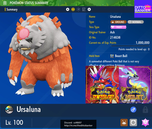 Pokemon Scarlet/Violet SHINY URSALUNA BLOOD MOON 6IV Lv.100 Moon Ball ...