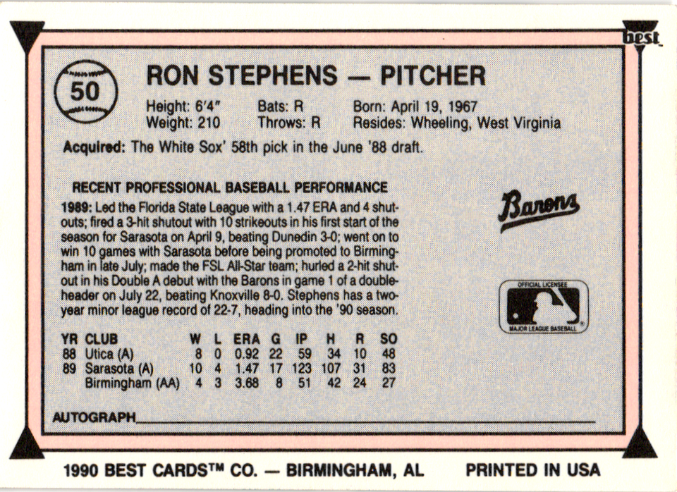 Ron Stephens Signed 1990 Best Minor League - #50 Birmingham Barons | eBay