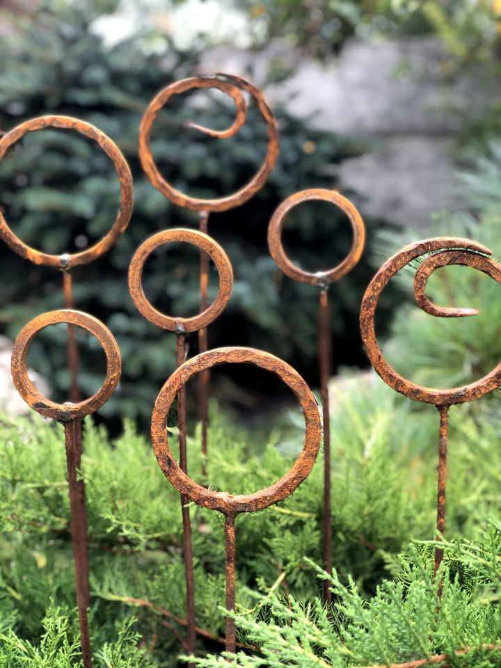 Set of 7 Rusty Metal garden stakes, Rusty garden finials, Metal garden ...