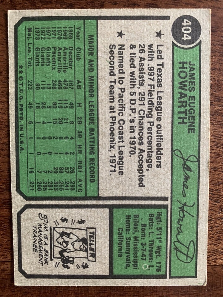 1974 Topps San Francisco Giants Baseball Card #404 Jim Howarth - EX-MT ...