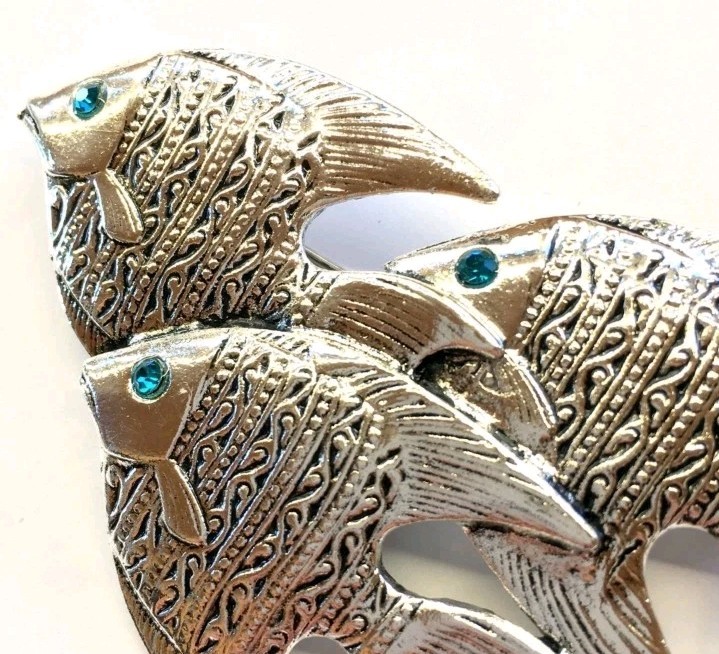 Large 3" School Shoal of Silver Fish Brooch Vintage Art Deco Style ...