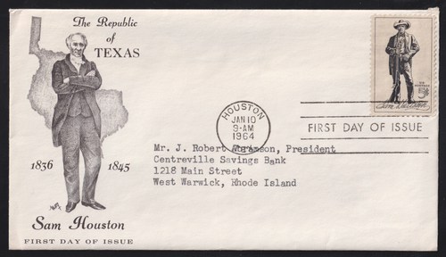 # 1242 1964 First Day Cover Sam Houston with Original Merchant Letter ...