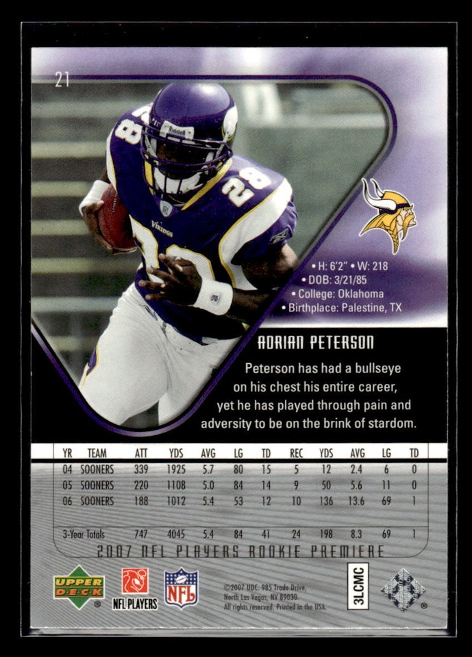 2007 Upper Deck Rookie Premiere Box Set #21 Adrian Peterson Rookie | eBay