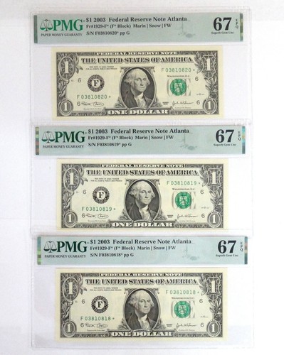 3x Sequential 2003 STAR Replacement Bank Notes $1 Dollar Bills PMG ...