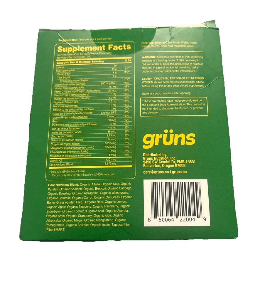 Gruns SuperFoods Greens Gummies, Fresh & Sweet Taste 240 Gummies 30 ...