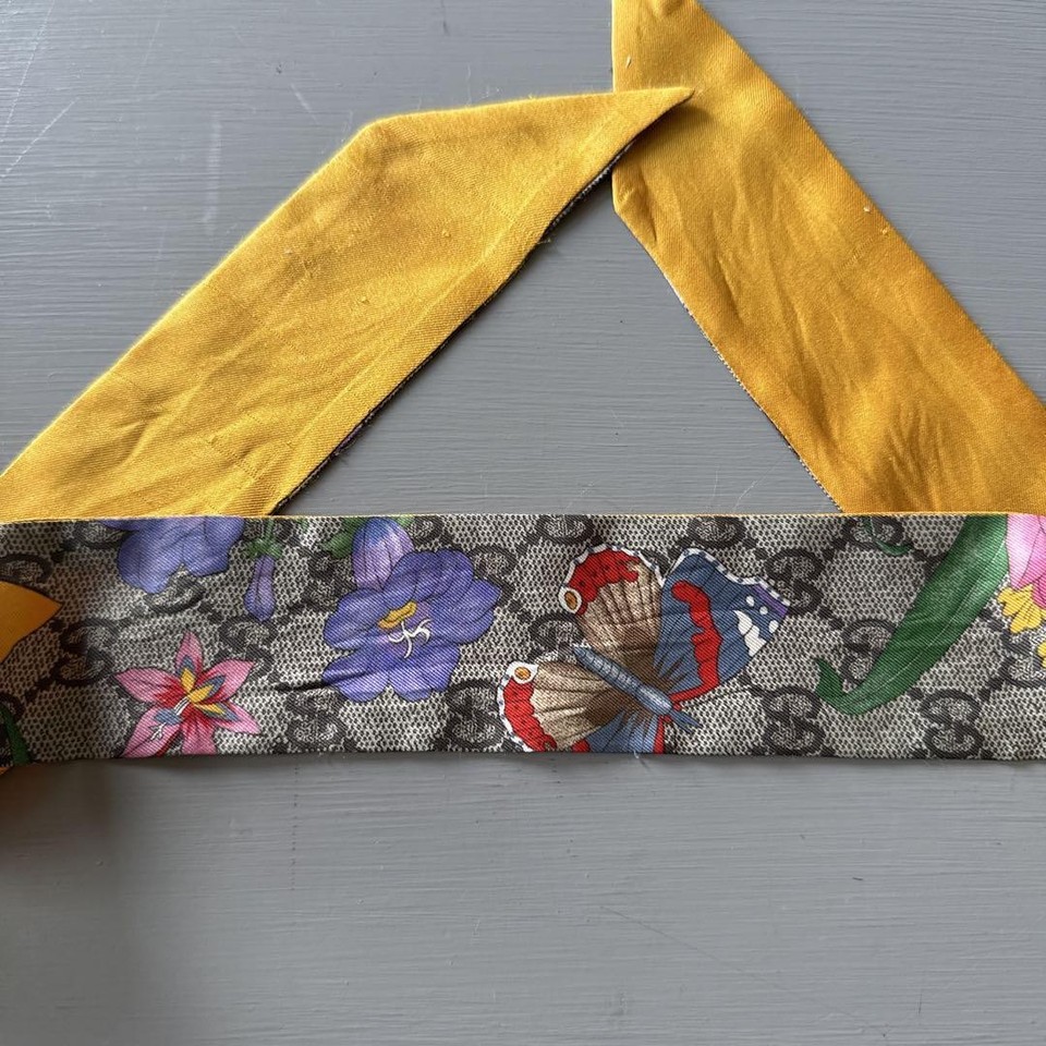 GUCCI Ribbon Scarf Twilly GG Flora Flower Logo Multi Color Silk Blend ...