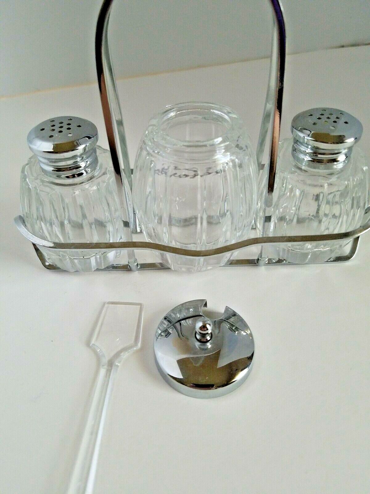 3 Piece Glass Salt Pepper Condiment Jam Spoon Metal Holder | eBay