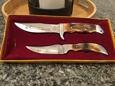 Wild Turkey Handmade 2 Pc Gift Set 9" & 7" Hunting Knife Bone Handle ...