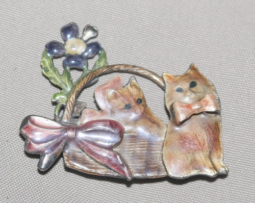 Vintage KC Enamel Cats In Basket Lapel Pin/Brooch Bow Flower 2” x 1 ½ ...