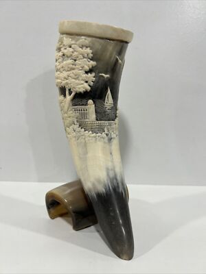 POWDER HORN DISPLAY CARVED POWDER HORN SCRIMSHAW FOLK ART SAILING ...