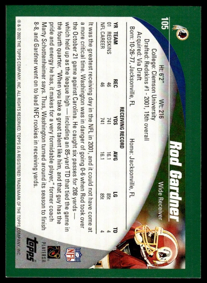 2002 Topps Rod Gardner #105 | eBay