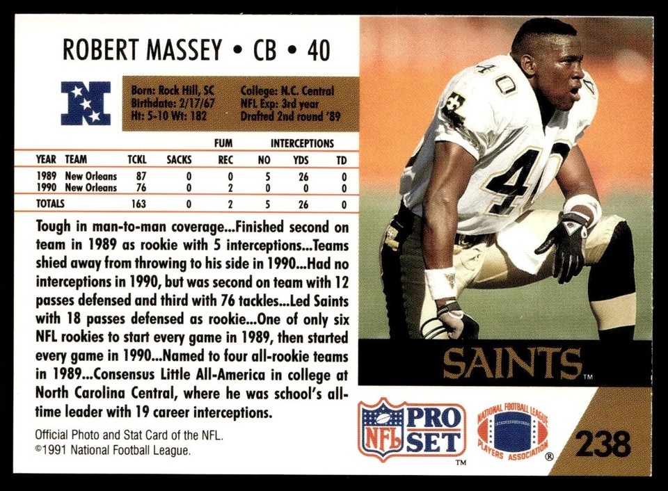 1991 Pro Set Robert Massey New Orleans Saints #238 | eBay
