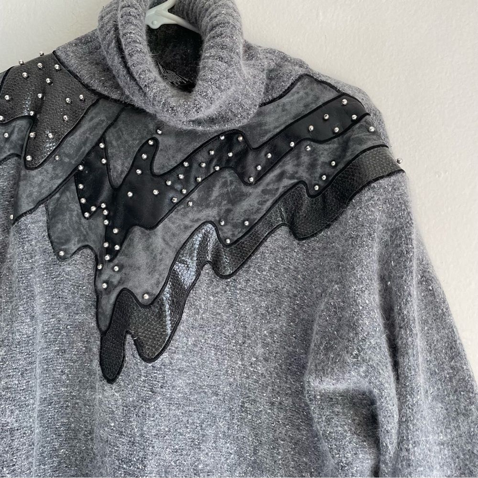 IB Diffusion vintage leather angora gray turtleneck oversize studded ...