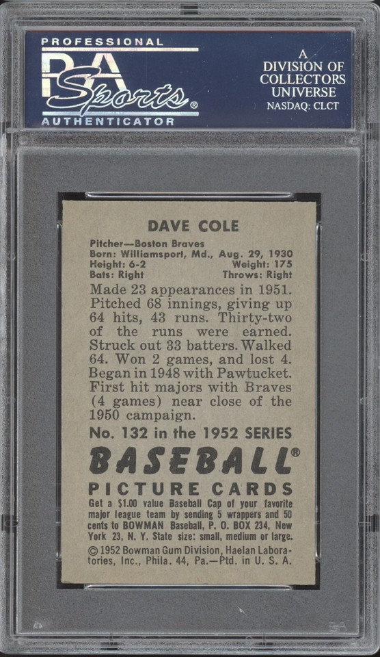 1952 Bowman Baseball #132 Dave Cole EX-MT PSA 6 | eBay