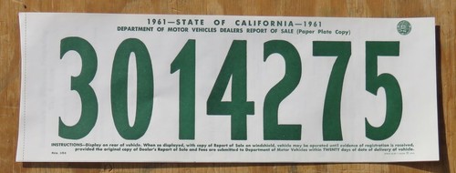 1961 CALIFORNIA PAPER PLATE / TEMPORARY license plate | eBay