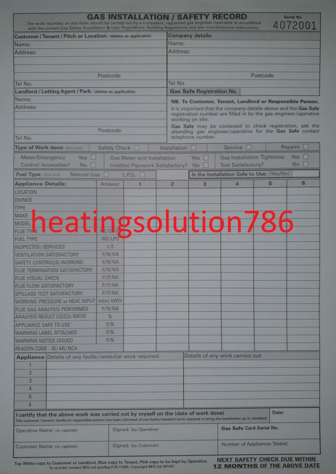 Landlord/homeowner Gas Safety Record gas certificate pad set 50 ...