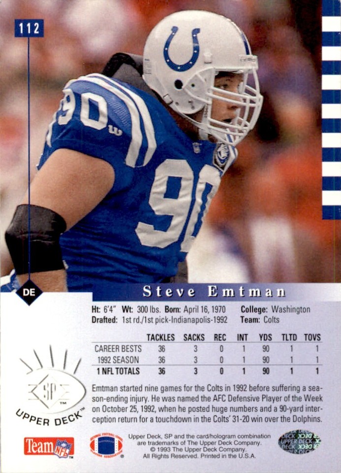 1993 Upper Deck Sp Steve Emtman Indianapolis Colts #112 Football Card ...