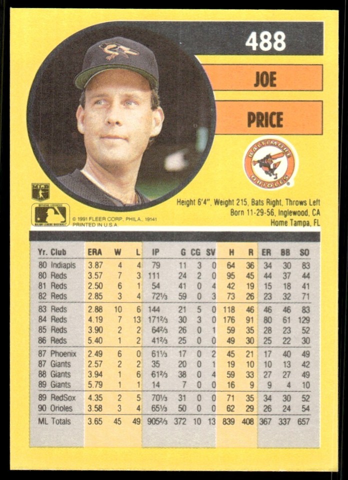 1991 Fleer Baseball Card Joe Price Baltimore Orioles #488 | eBay