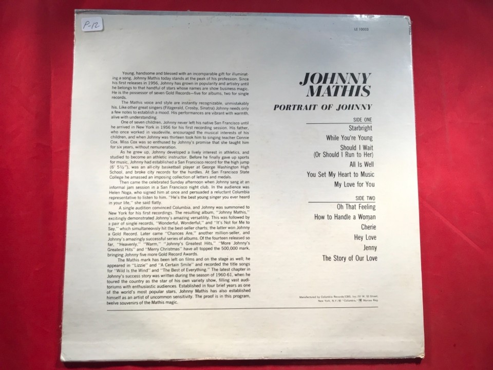 P-12 JOHNNY MATHIS Portrait Of Johnny - SEALED - LE 10003 - RECORD ...