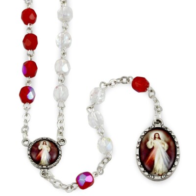NEW MADE IN ITALY DIVINE MERCY ROSARY CHAPLET UNIQUE RED & CLEAR ...