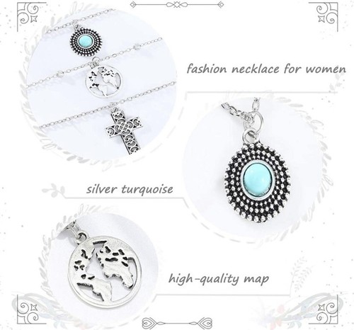 Jovono Boho Layered Turquoise Pendant Necklaces Silver Cross Map ...