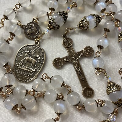 Easter Rosary Agnus Dei Rainbow Moonstone, Crystal, Solid Bronze ...